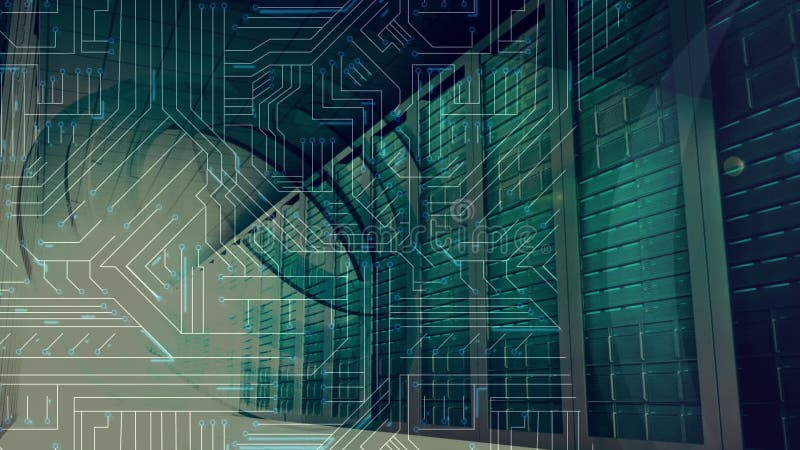 Animation of Round Scanner and Microprocessor Connections Over Empty Computer Server Room Stock ...