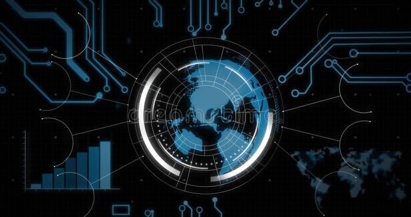 Animation of Round Scanner, Spinning Globe and Microprocessor ...