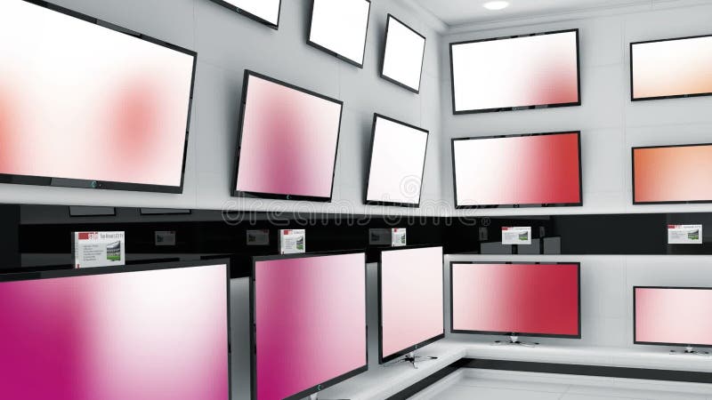Animation of Rows of Television Sets in Store with Glowing Screens with ...