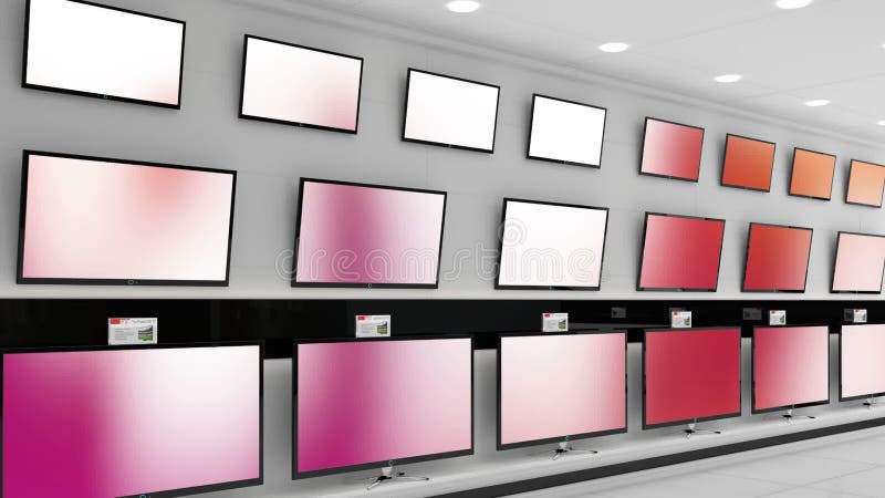 Animation of Rows of Television Sets in Store with Glowing Screens with ...