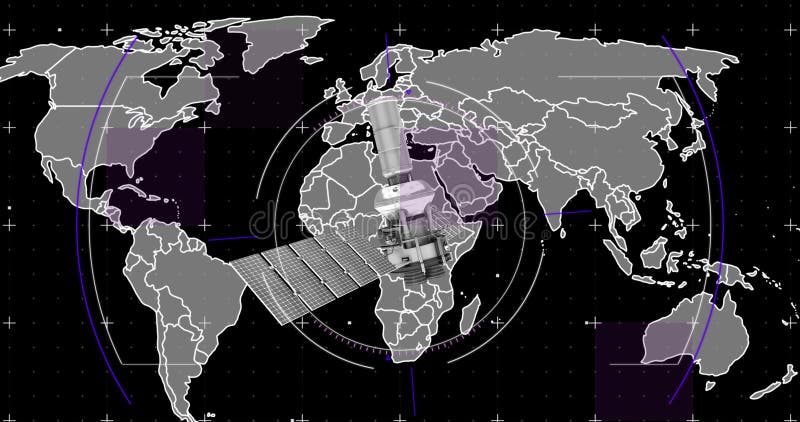 Animation of Satellite Over World Map and Scope Scanning on Black ...