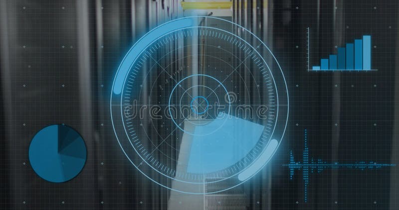 Animation of Scanning Circle, Radar, Multiple Graphs and Computer Language Over Server Room ...