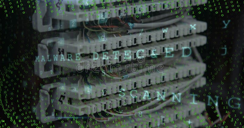 Animation of Scanning and Green Numbers Falling Over Computer Wires ...