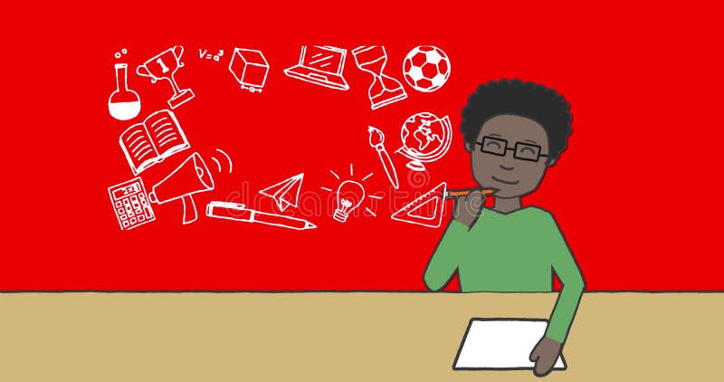 Animation of Schoolboy Taking Notes Over School Items Icons on Red ...