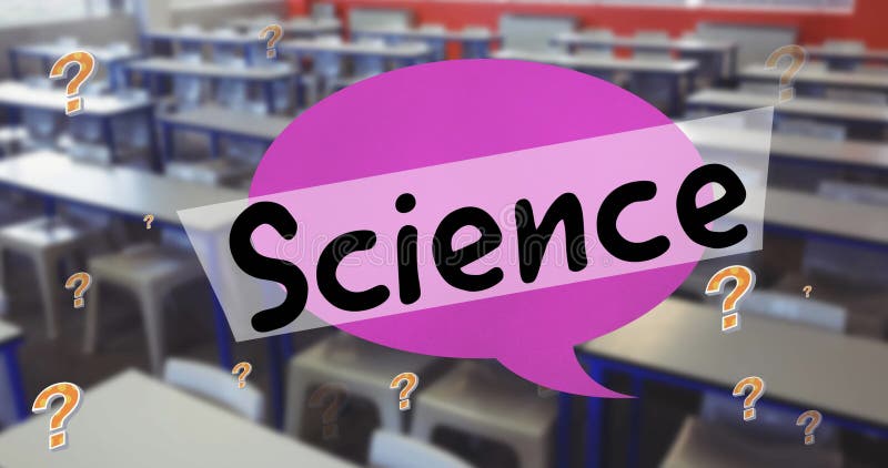 Animation of Science Text with Question Marks Over Empty Classroom ...
