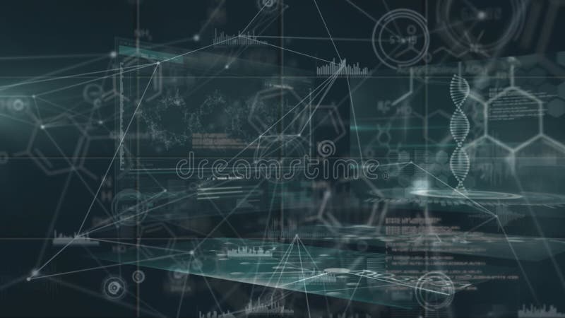 Animation of Scientific Data, Dna and Connections Over Black Background ...
