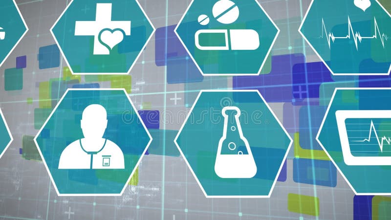 Animation of Scientific Icons in Hexagons Over Grey Background with ...