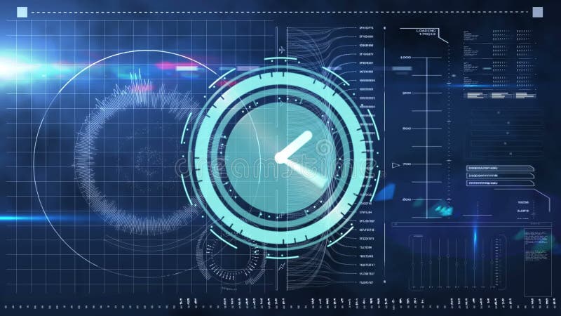 Animation Of Scope Scanning With Clock Over Data Processing On Black Background Stock Video
