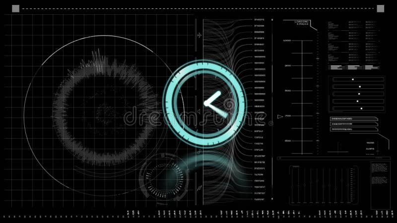 Animation Of Scope Scanning With Clock Over Data Processing On Black Background Stock Video