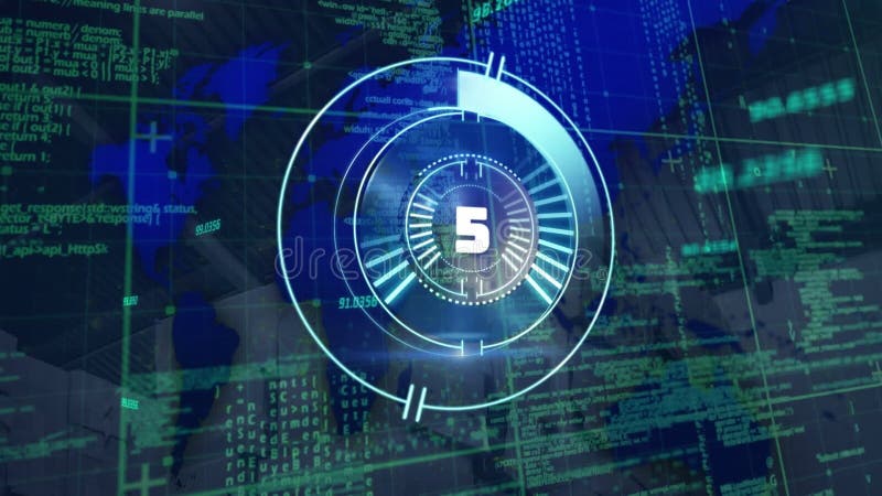 Animation Of Scope Scanning With Countdown Over Data Processing And World Map Stock Video