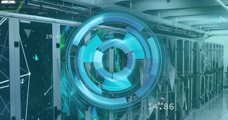 Animation of Scope Scanning and Data Processing with Icons Over Server Room Stock Video - Video ...