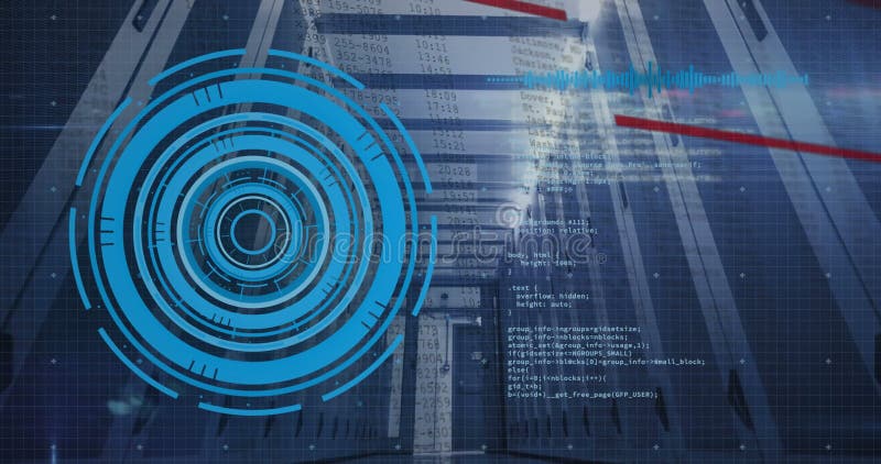 Animation Of Scope Scanning And Data Processing Over Server Room Stock Video Video Of Digital