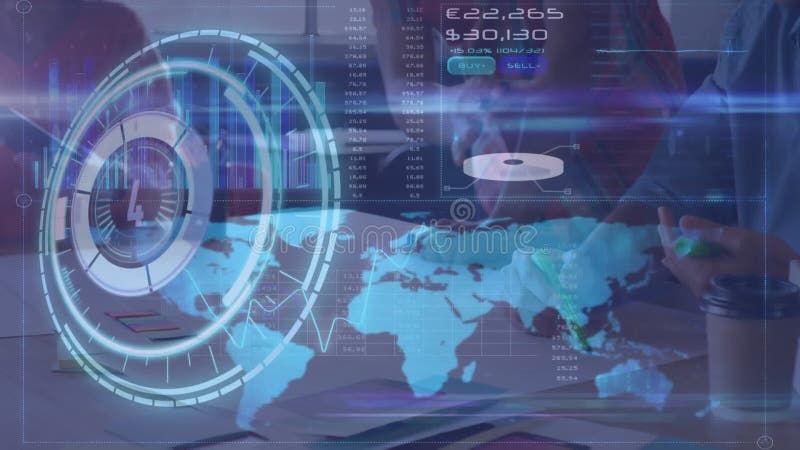 Animation Of Scope Scanning And Data Processing Over World Map Stock