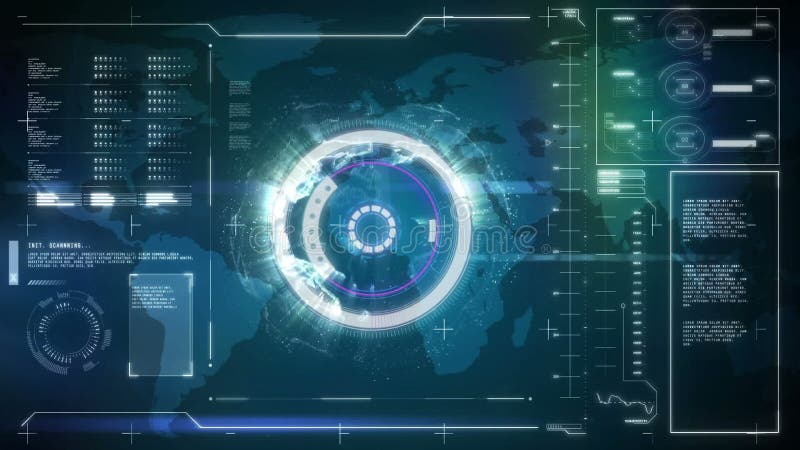 Animation Of Scope Scanning And Data Processing Over World Map Stock