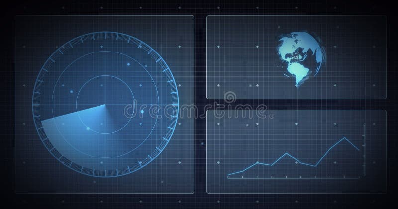 Animation of Scope Scanning, Globe and Data Processing on Screens Over Grid Stock Footage ...