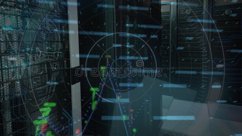 Animation of Scope Scanning Over Data Processing with Graph and Server Room Stock Video - Video ...
