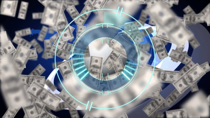 Animation of Scope Scanning Over Dollar Bills and Globe on Black ...