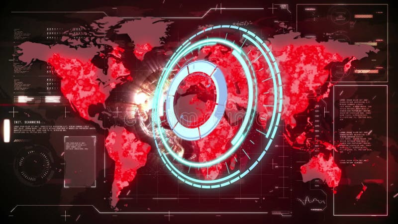 Animation Of Scope Scanning Over World Map And Data Processing Stock