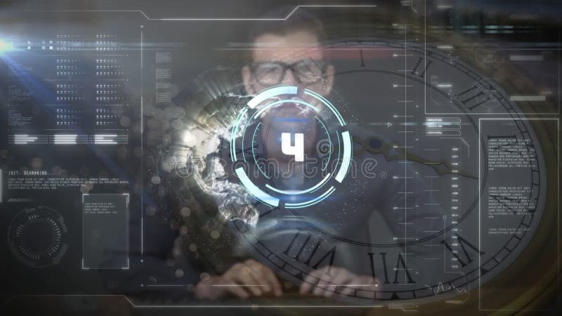 Animation Of Scope Scanning And World Map Over Data Processing And Caucman Using Computer Stock