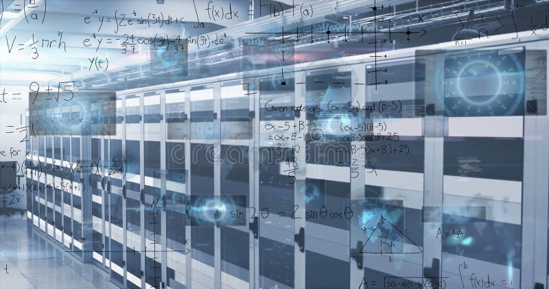 Animation of Scopes Scanning and Mathematical Equations Over Computer Servers Stock Footage ...