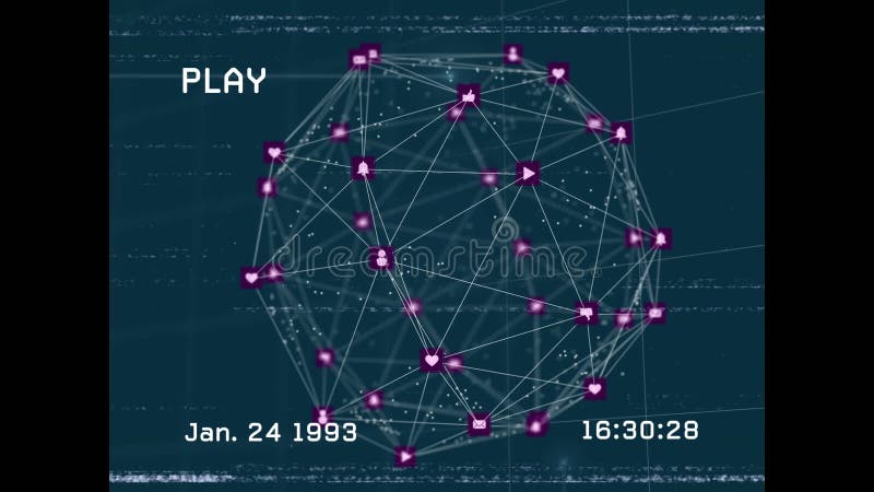 Animation of Screen with Glitch and Rotating Network of Connections ...