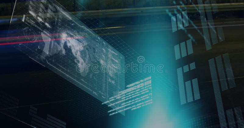Animation of Screen with Globe, Coding, Grid Pattern Over Light Trails at Night Stock Video ...