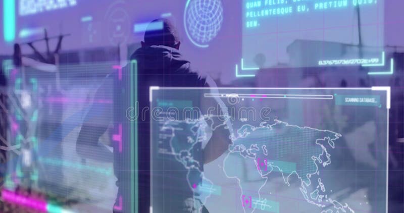 Animation of Screens with Data Processing Over African American Man ...