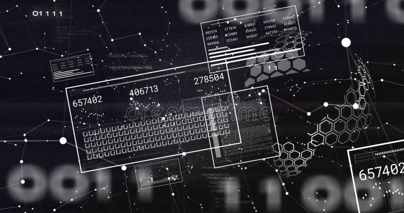Animation of Screens with Data Processing Over Black Background Stock Video - Video of analysis ...
