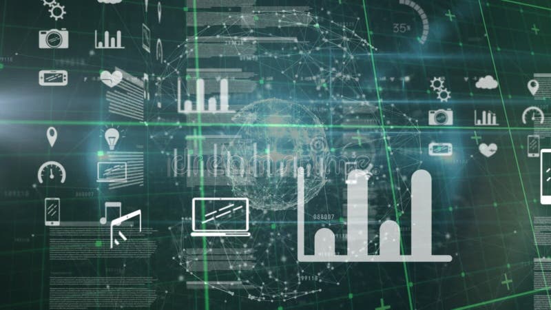 Animation of Screens with Data Processing Over Globe of Network of ...