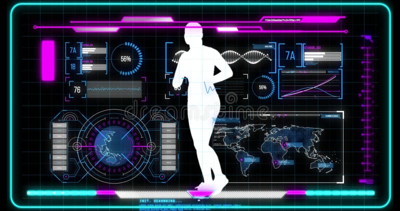Animation of Screens with Data Processing Woman Running on Dark ...