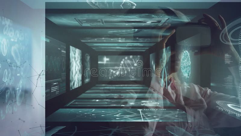 Animation of Screens with Scientific Data Processing Over Woman Wearing ...