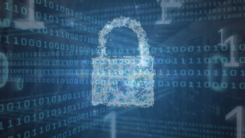 Animation Of Security Padlock Icon And Binary Coding Data Processing Against Computer Server