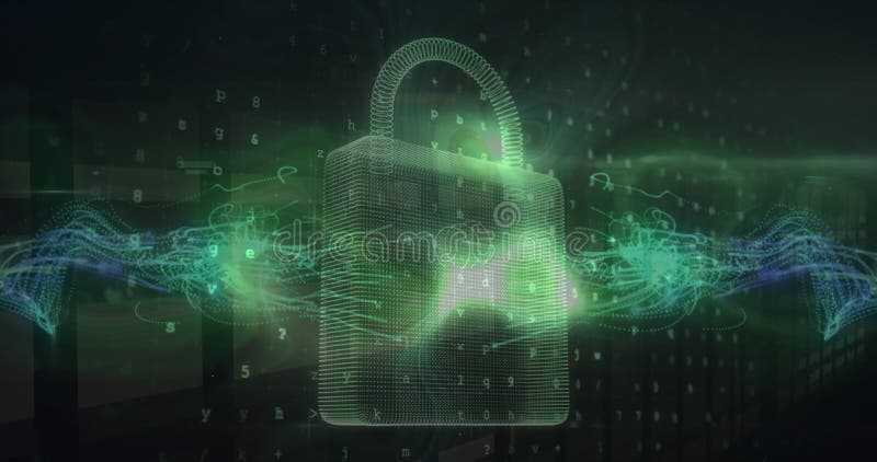 Animation of Security Padlock Icon, Digital Wave and Network of ...