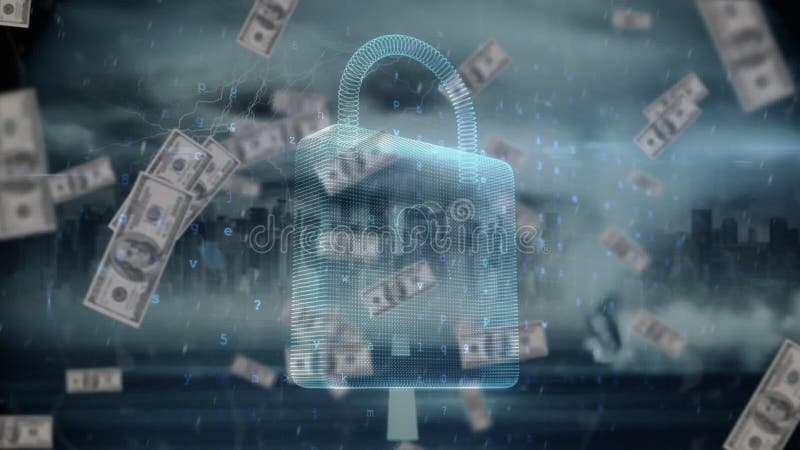 Animation of Security Padlock Over Clouds and Falling Dollar Banknotes ...
