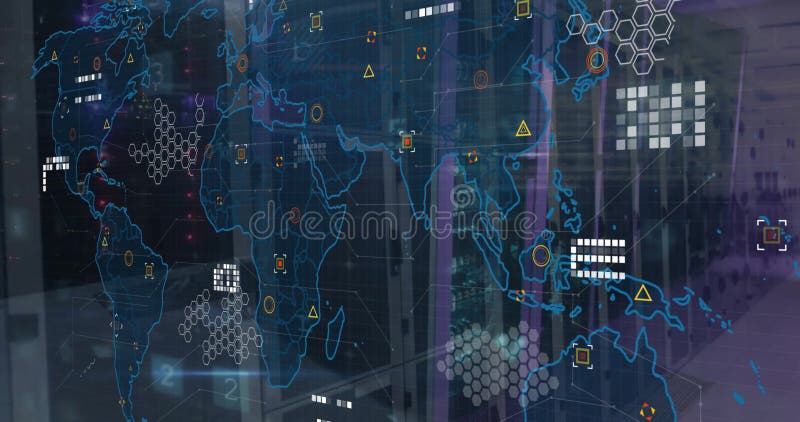 Animation of Security Warning Text, World Map and Data Processing Over ...