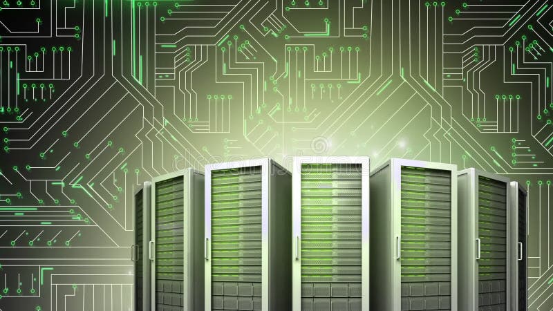 Server Towers and Green Glowing Circuit Board Stock Video - Video of ...