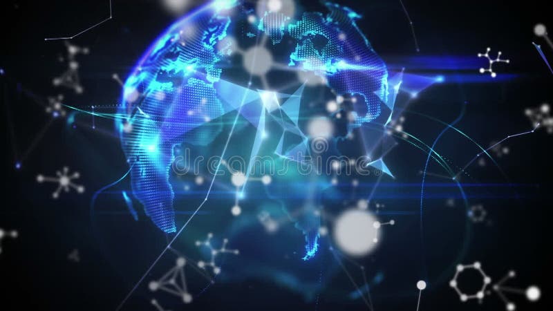 Animation of Shapes and Globe Over Molecules on Black Background Stock ...