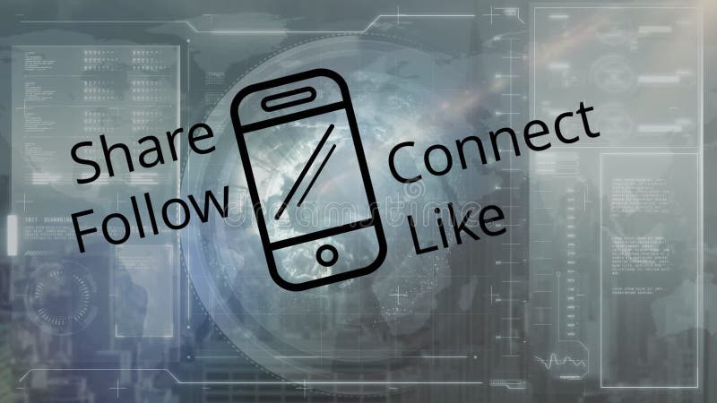 Animation of Share, Follow, Connect, Like Over Digital Screen with ...