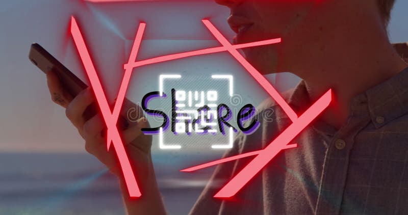 Animation of Share Text and Qr Code Over Biracial Man Using Smartphone ... Animation of Share Text and Qr Code Over Biracial Man Using Smartphone ...