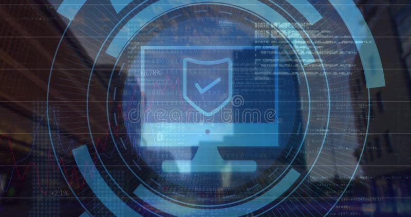 Animation of Shield, Desktop Icon, Binary Codes, Computer Language Over Modern Buildings Stock ...