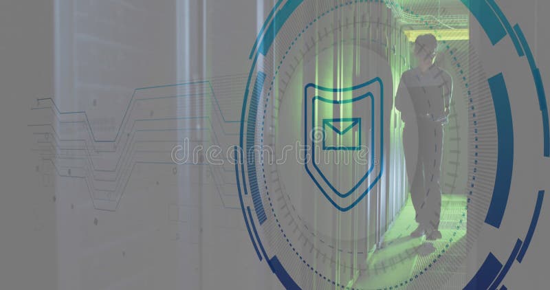 Animation of Shield, Envelope, Circles, Asian Male Engineer Walking and ...