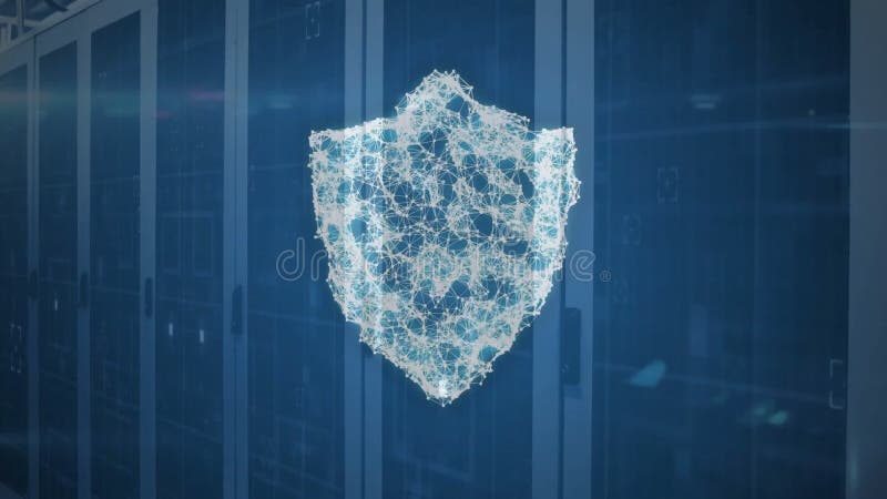 Animation of Shield Icon with Light Trails Over Server Room Stock ...