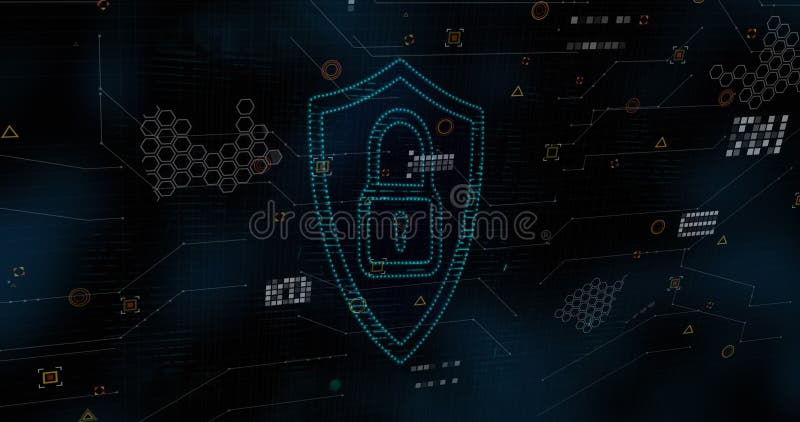 Animation of Shield with Padlock Icon and Data Processing on Black ...