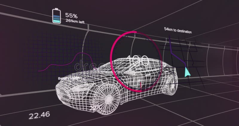 Animation Showing Wireframe Car with Battery Status and Distance Data ...