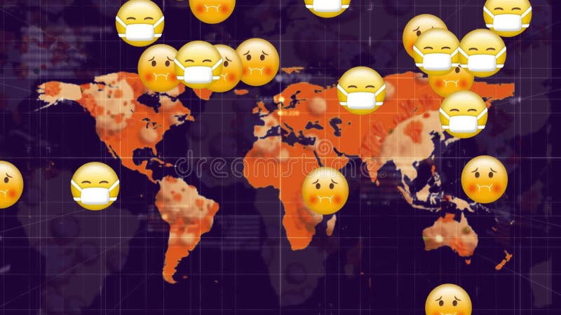 Animation of Sick Emojis Falling Over Data Processing and World Map, on ...