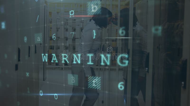 Woman Standing in Computer Server Room while Warning Messages Appear in ...