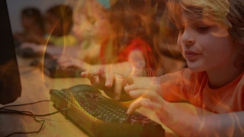 Animation of Smoke and Circles Over Happy Caucasian Boy Using Computer ...