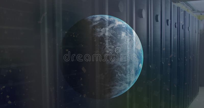 Animation of Snowfall and Rotating Globe Over Data Server Racks in ...