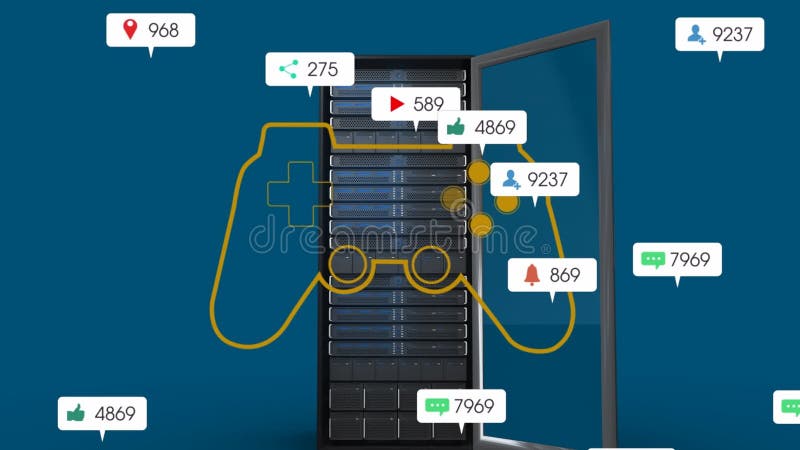 Animation of Social Media Icons and Video Game Console Over Server ...