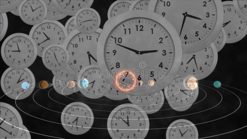 Animation of Solar System, Planets and Space Over Clocks Ticking Stock ...